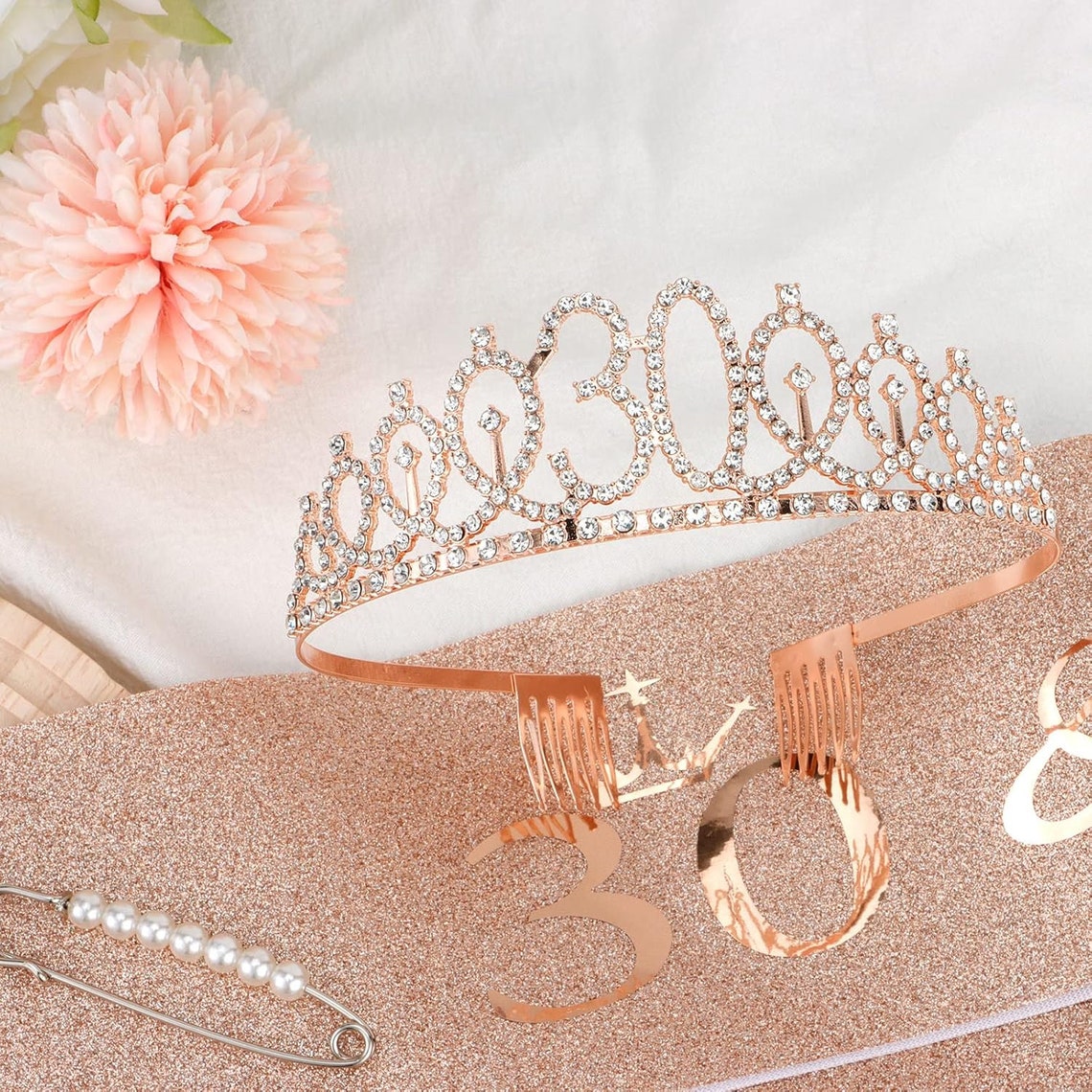30th Birthday Crown 30th Birthday Sash Pearl Pin Set, 30th Birthday ...