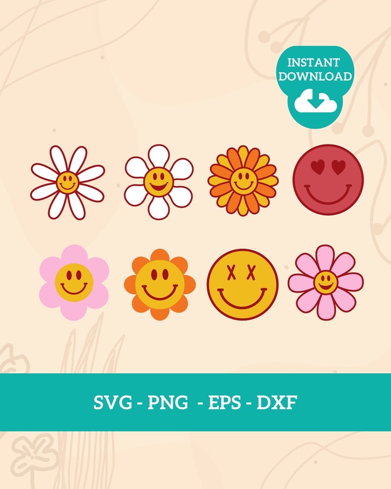 Smile Sticker Flowers Emojies Svg,smiley Face Groovy Design,roses and ...