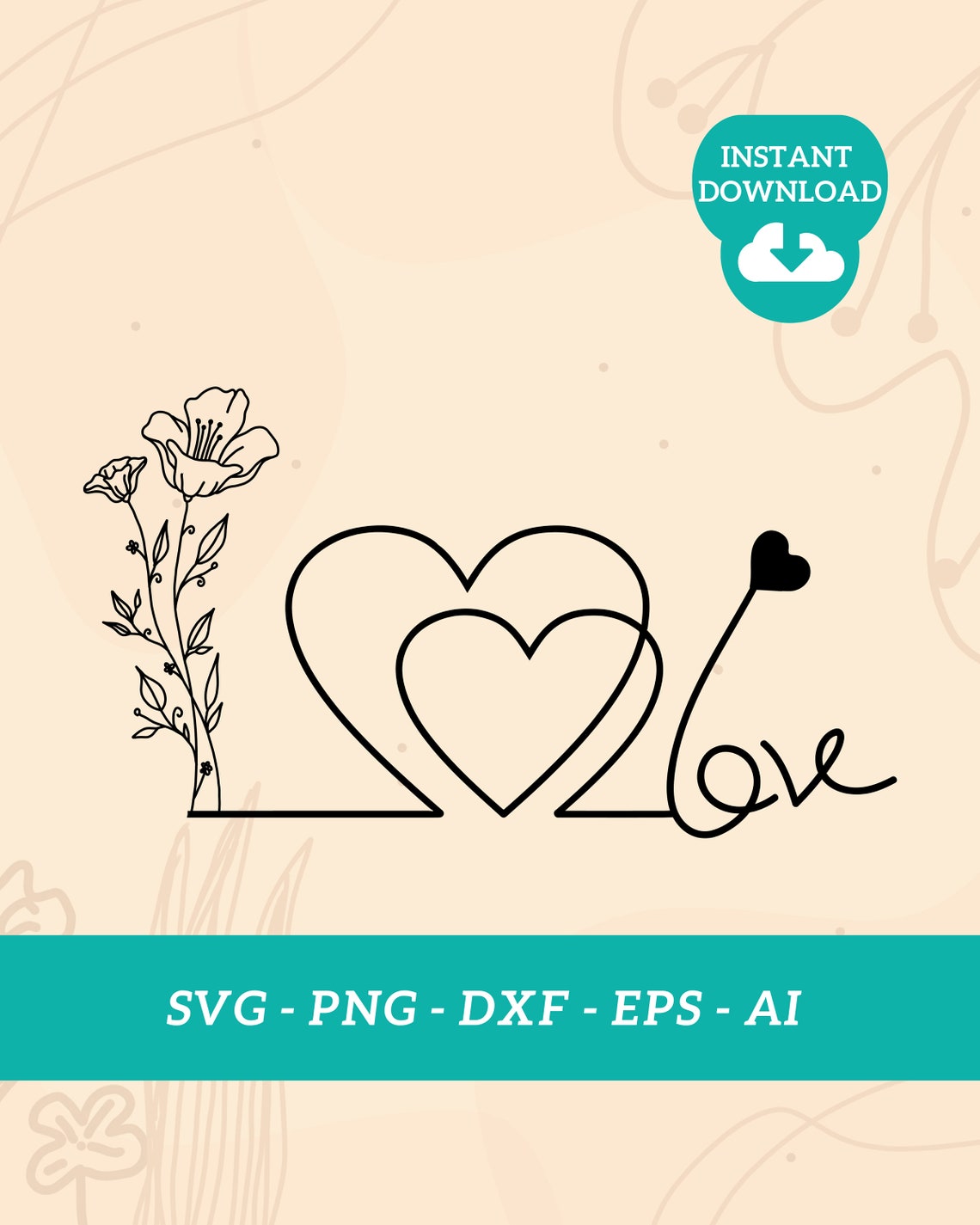 Outline Heart and Flowers SVG, Silhouette Heart Flower Design Svg,rose ...
