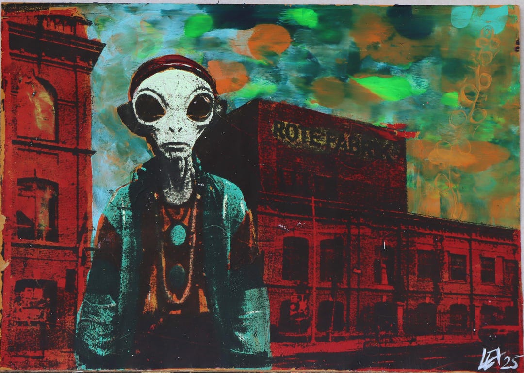 Alien at the Red Factory – Gelli Print, Monoprint on A4, Hand-painted ...