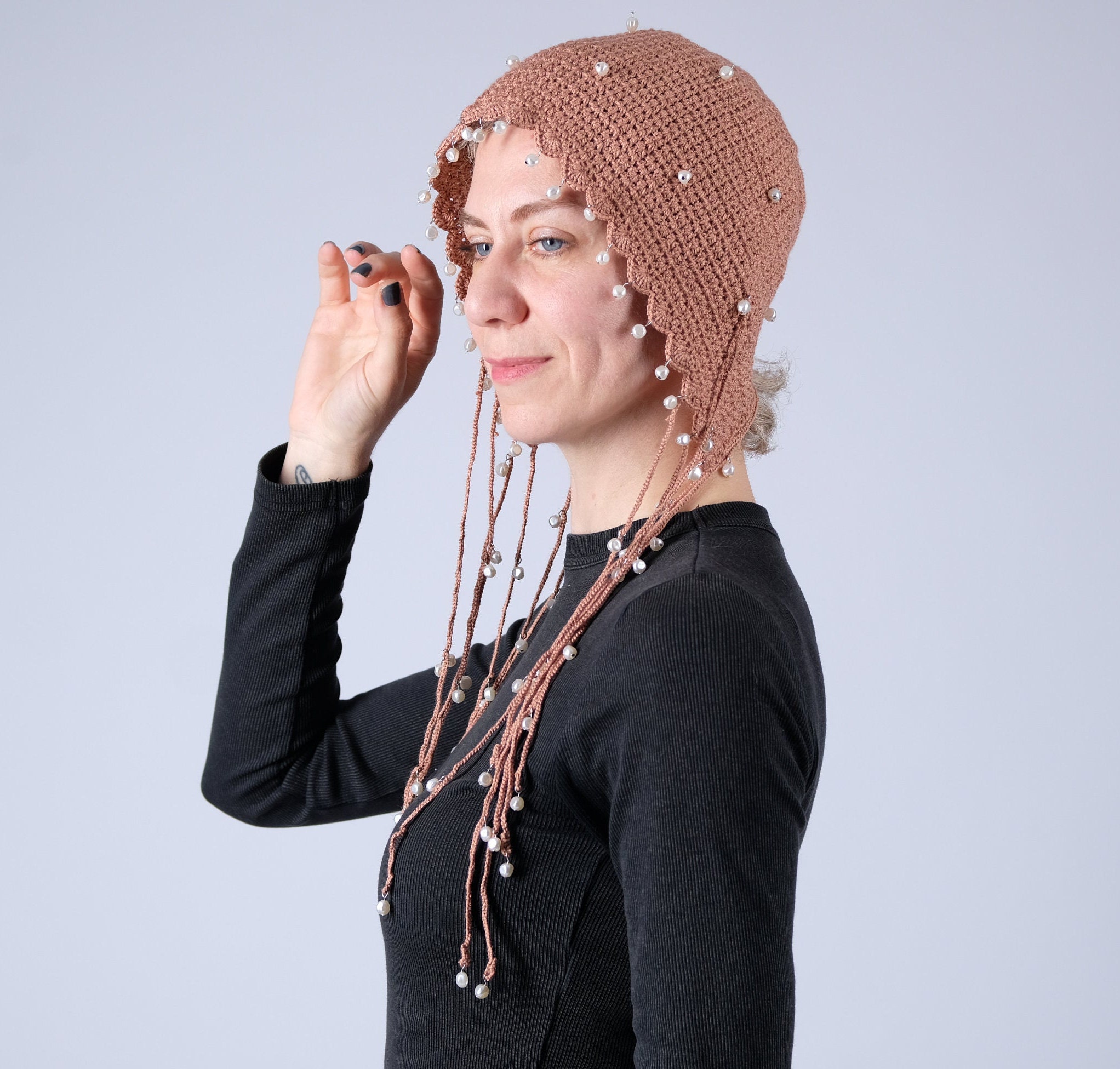 Pearls Embellished Hand Knitted Beige Hat With Fringe -hat With Tassel ...