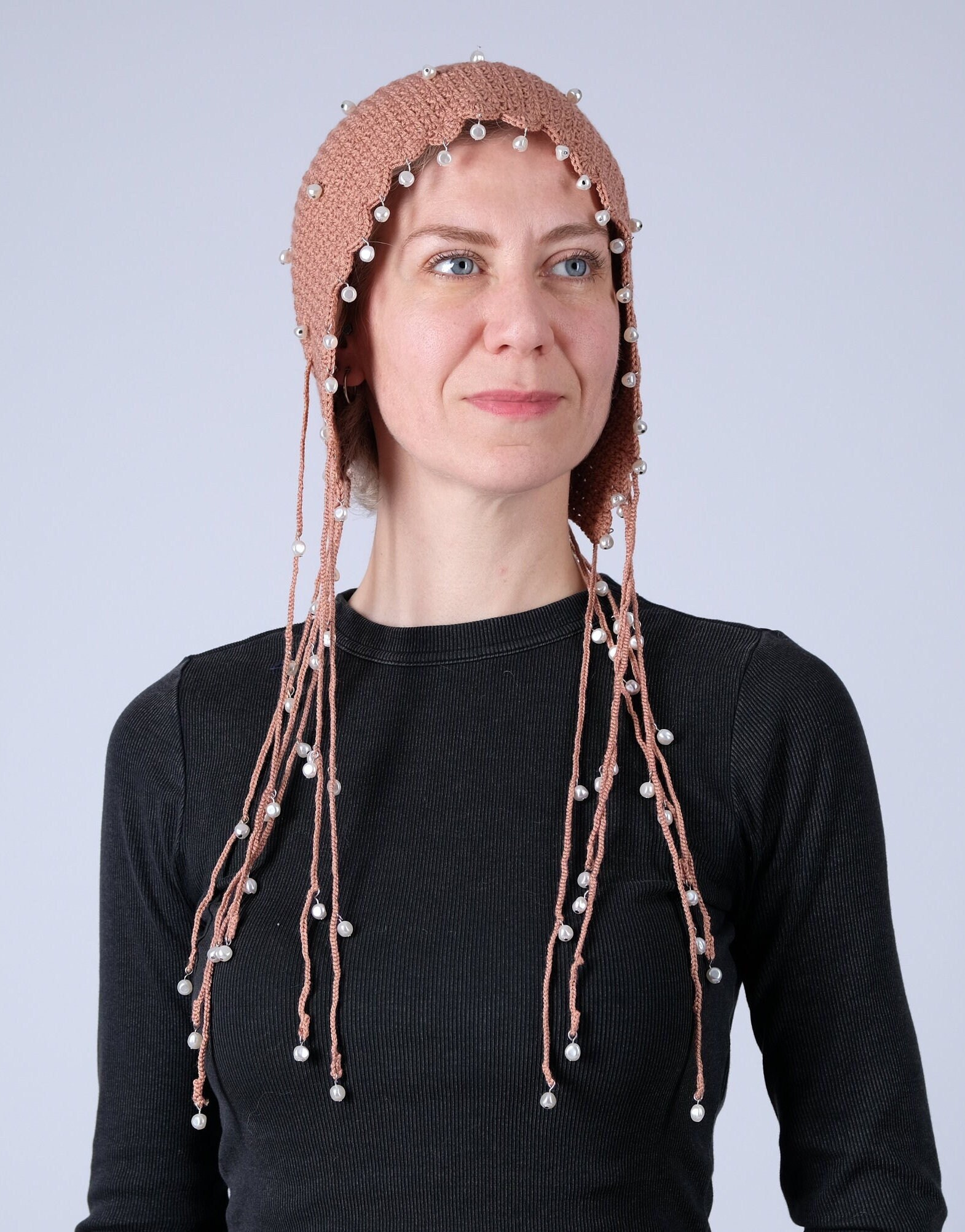 Pearls Embellished Hand Knitted Beige Hat With Fringe -hat With Tassel ...