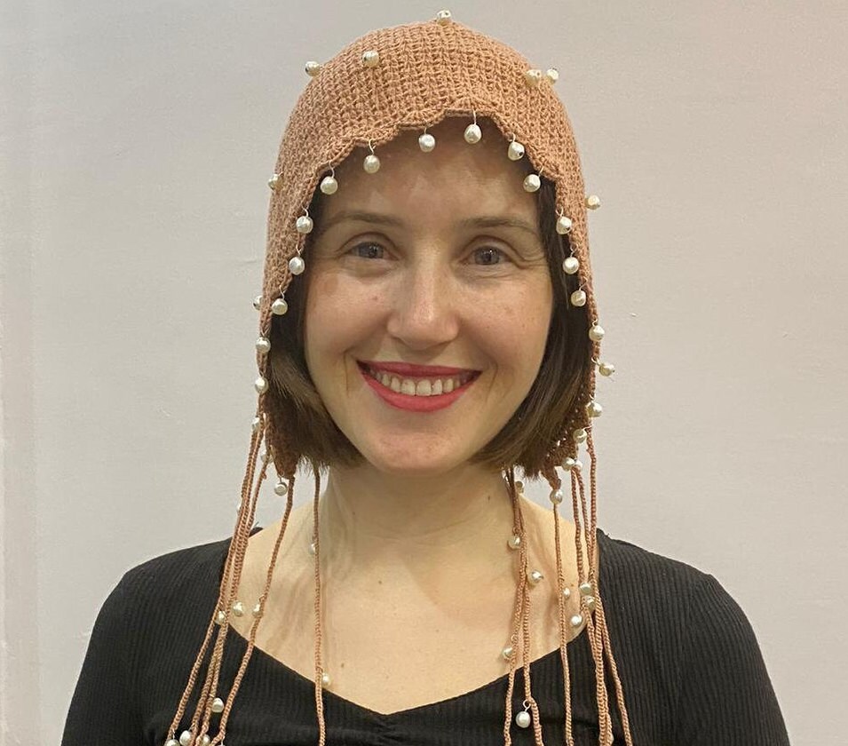 Pearls Embellished Hand Knitted Beige Hat With Fringe hat With Tassel ...