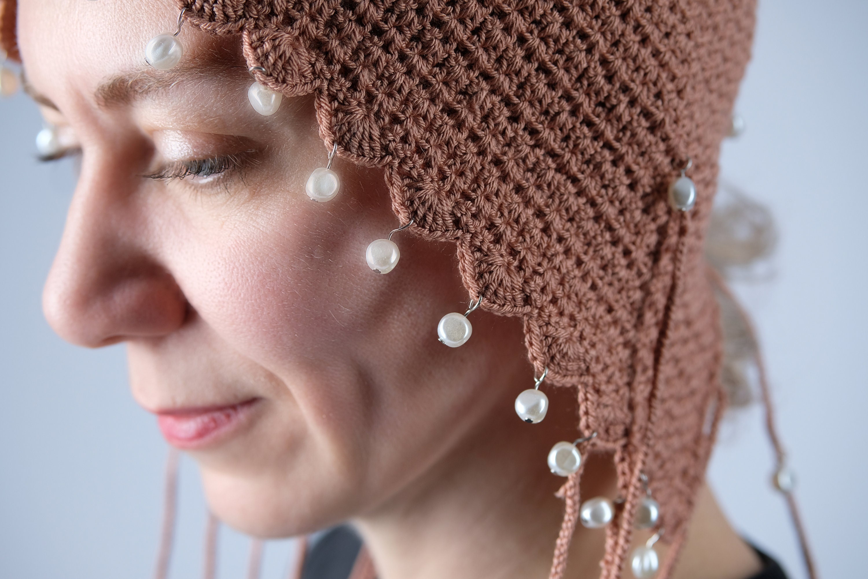 Pearls Embellished Hand Knitted Beige Hat With Fringe -hat With Tassel ...