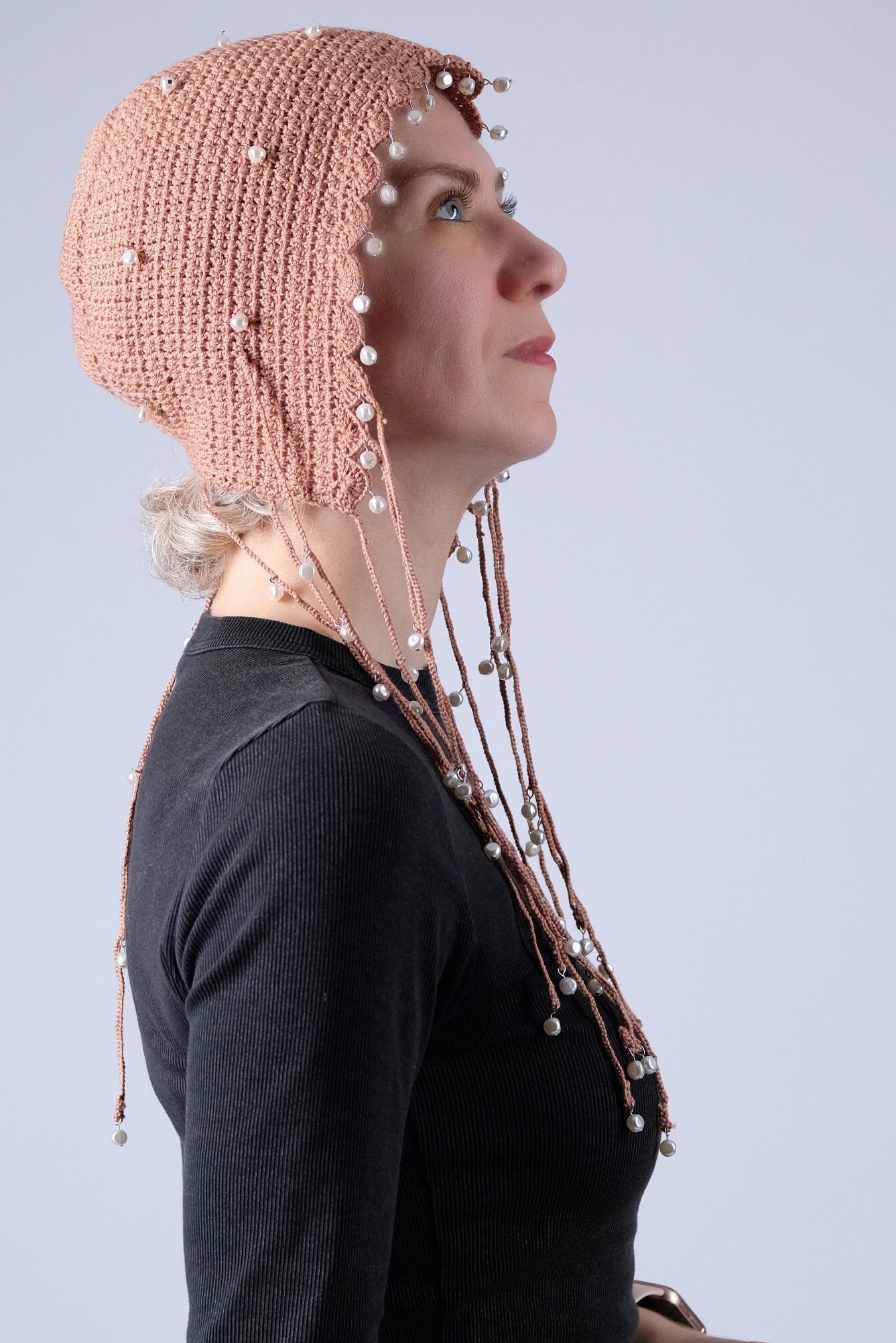 Pearls Embellished Hand Knitted Beige Hat With Fringe -hat With Tassel ...