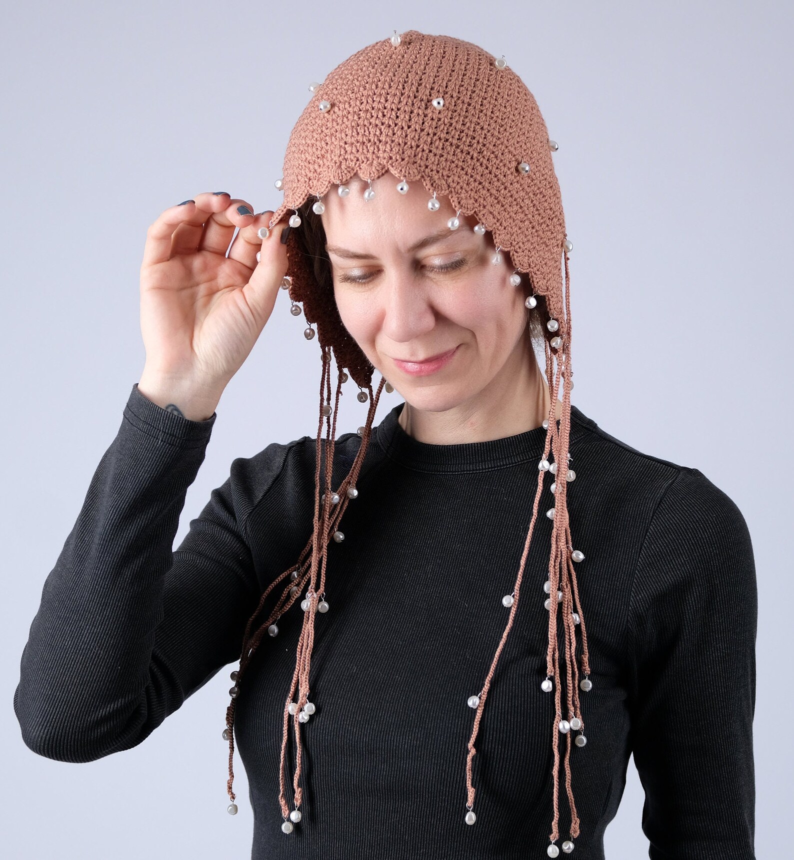 Pearls Embellished Hand Knitted Beige Hat With Fringe -hat With Tassel ...