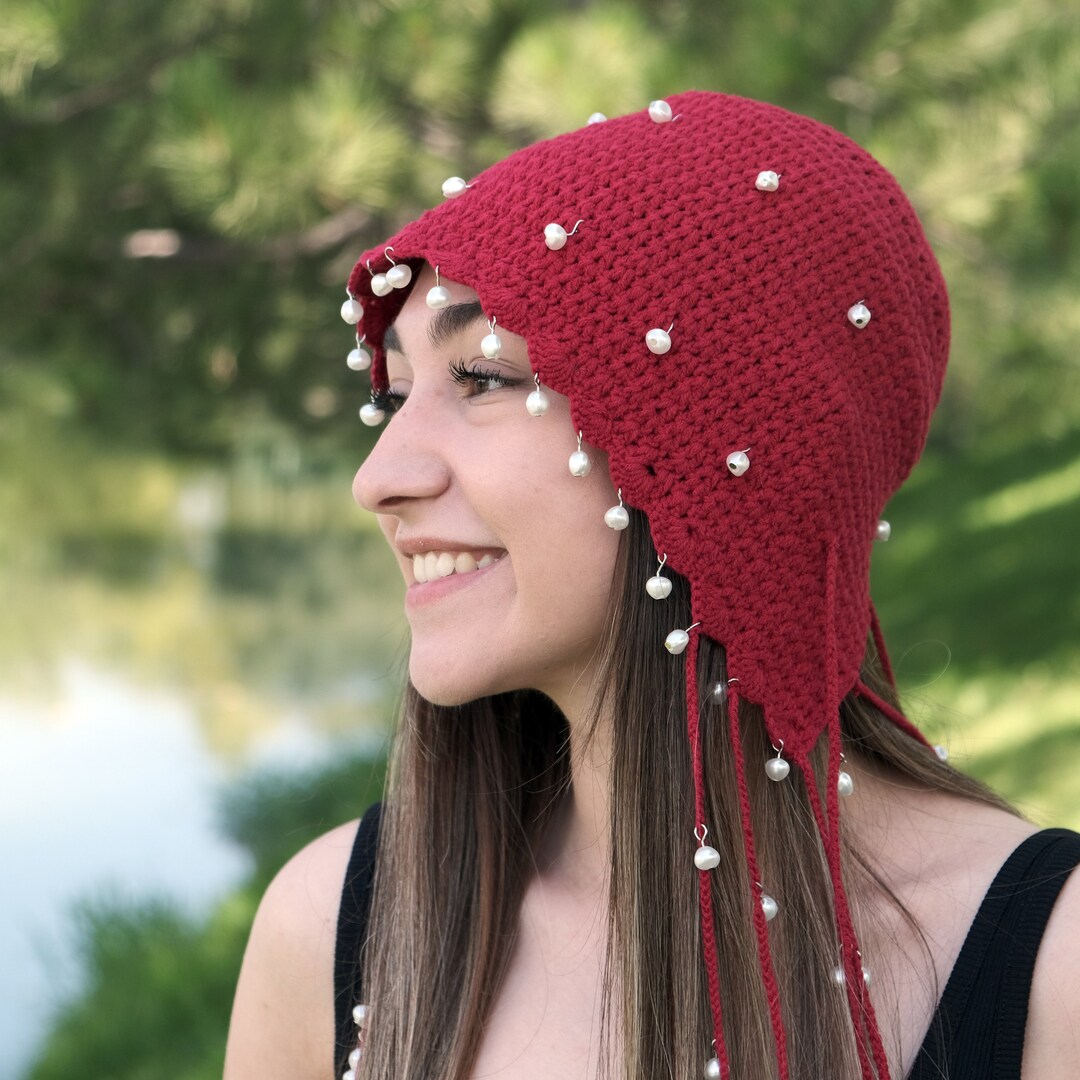 Pearls Embellished Hand Knitted Hat With Fringe -hat With Tassel ...