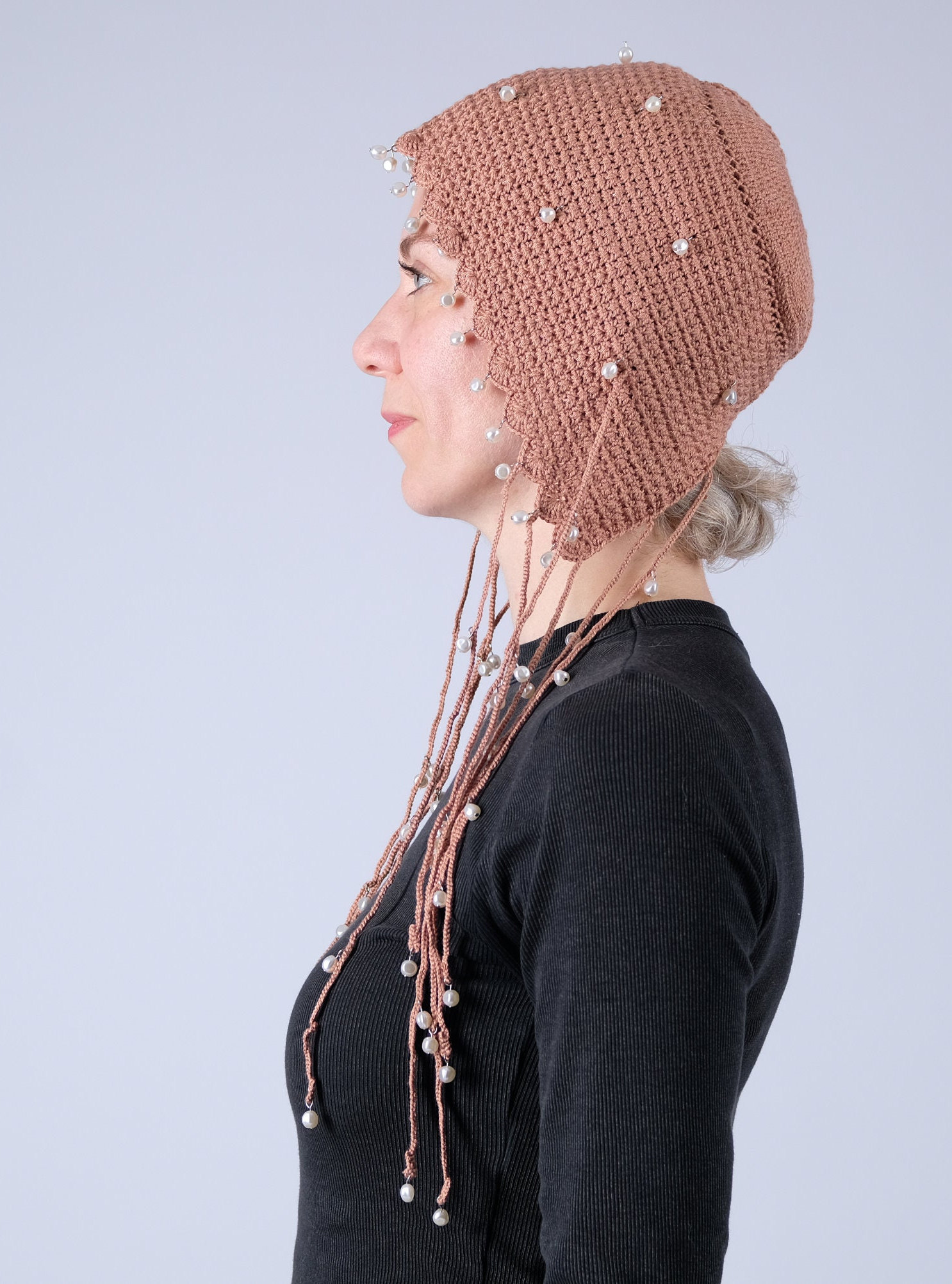 Pearls Embellished Hand Knitted Beige Hat With Fringe -hat With Tassel ...
