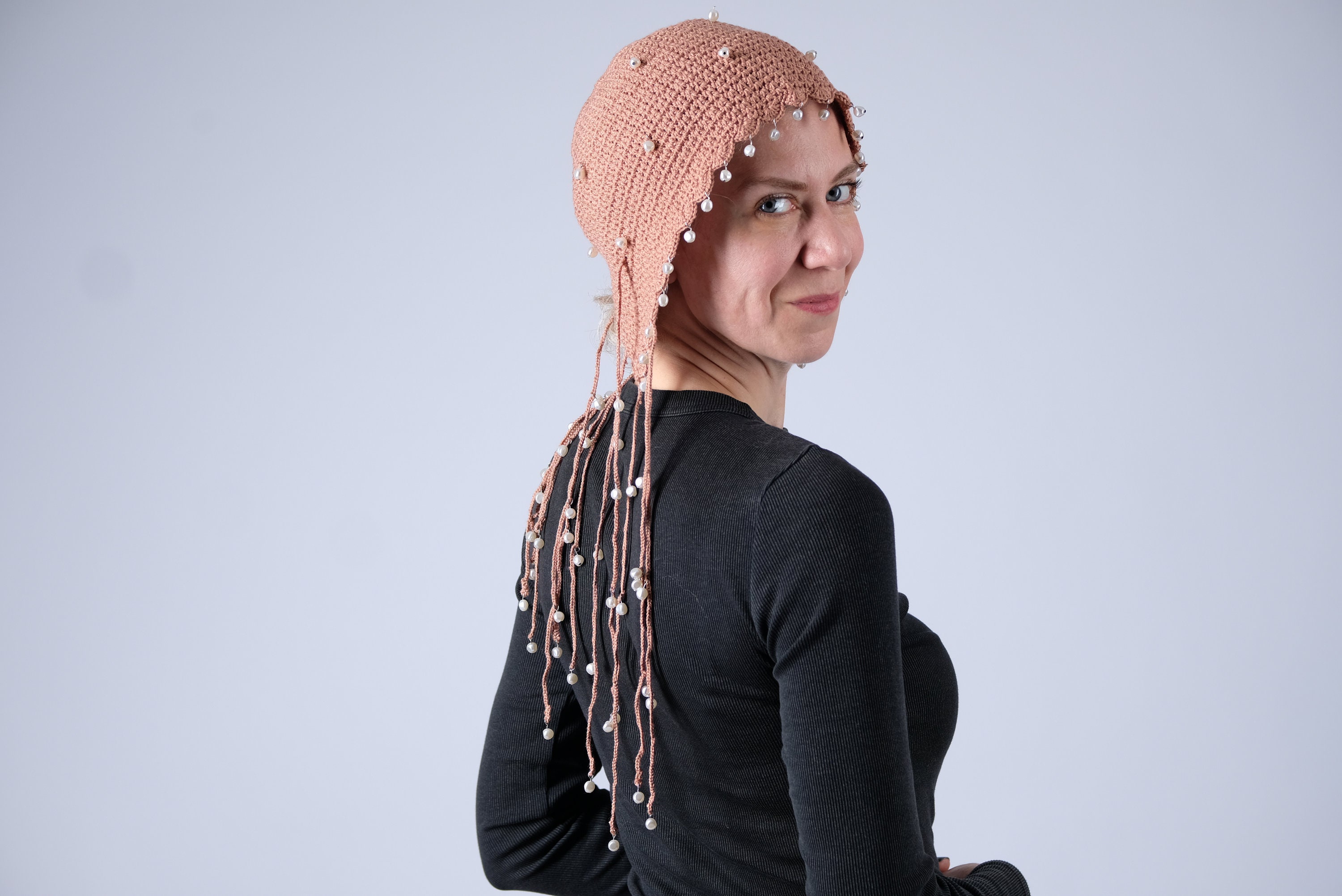 Pearls Embellished Hand Knitted Beige Hat With Fringe -hat With Tassel ...