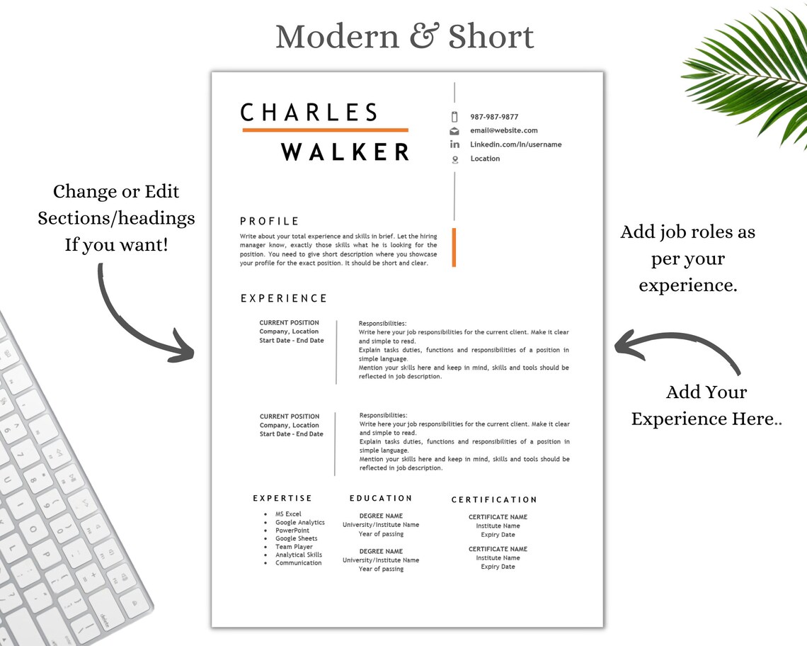 Short CV Template in Word With Cover Letter and References - Etsy