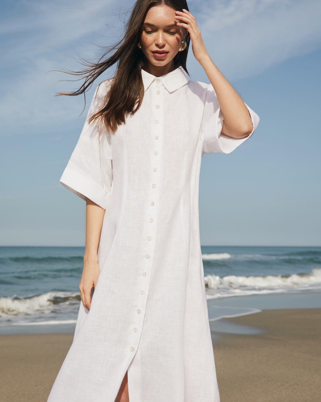 Linen Midi Shirt Dress, Linen Button Front Dress, Midi Summer Dress ...