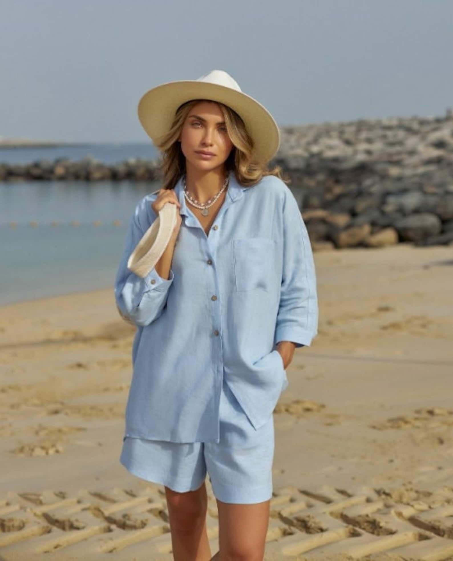 Two Pieces Linen Set Muslin Set Shorts and Shirt Resort Clothing Spring ...