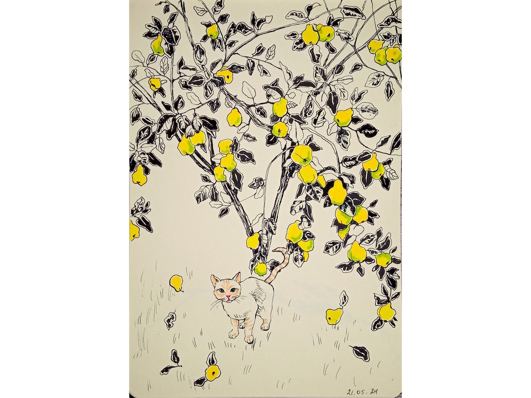 Cat Line Drawing Fruit Tree Sketch Art Original Cat Artwork Pen and Ink ...