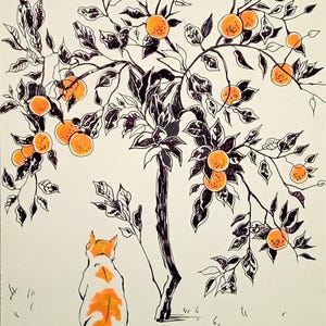 Cat Line Drawing Fruit Tree Sketch Art Original Cat Artwork Pen and Ink ...