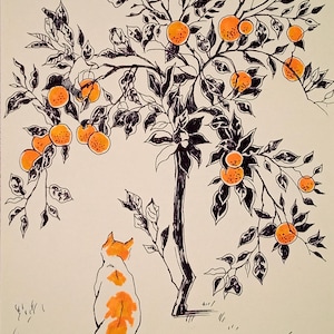 Cat Line Drawing Fruit Tree Sketch Art Original Cat Artwork Pen and Ink ...
