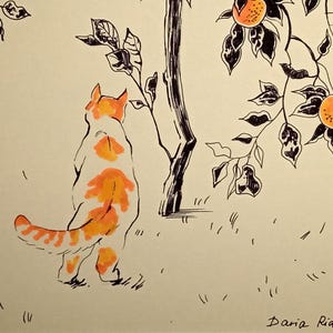 Cat Line Drawing Fruit Tree Sketch Art Original Cat Artwork Pen and Ink ...