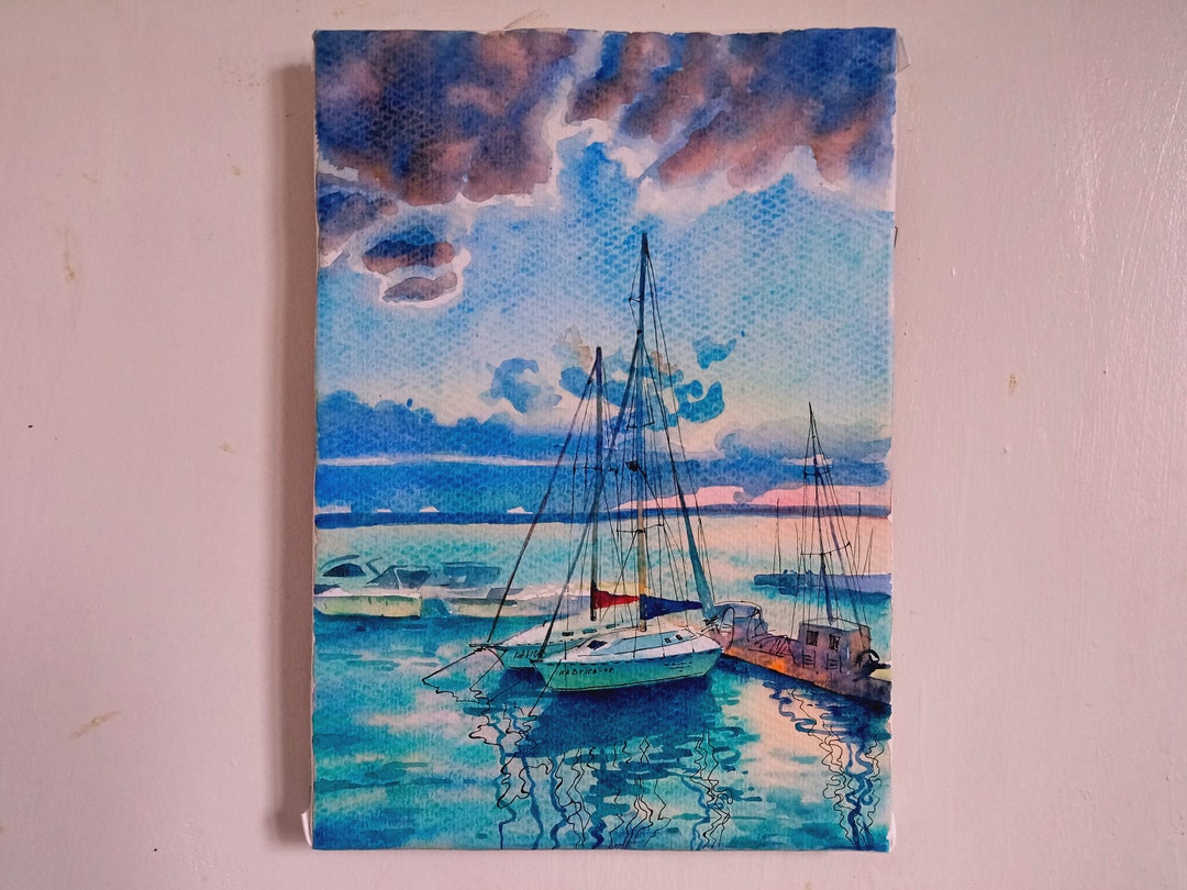 Ocean Painting Nautical Original Watercolor Sailboat Small Painting ...