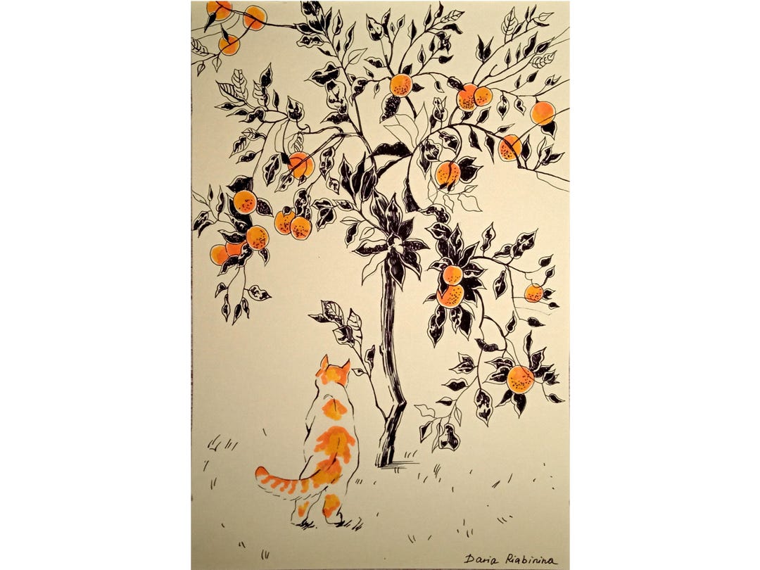 Cat Line Drawing Fruit Tree Sketch Art Original Cat Artwork Pen and Ink ...