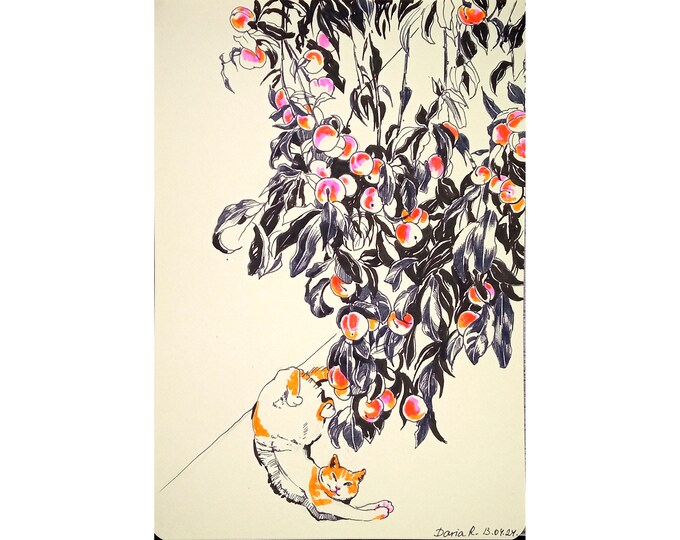 Cat Line Drawing Fruit Tree Sketch Art Original Artwork Pen and Ink ...