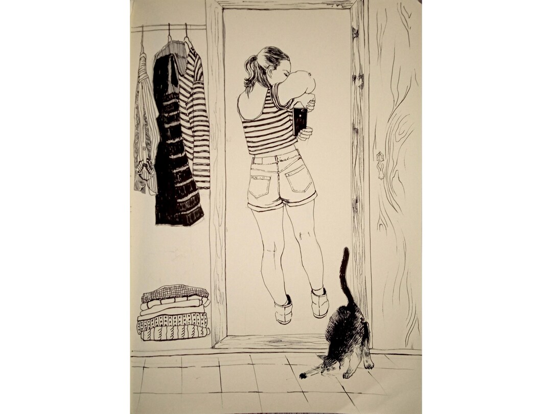 Ink Drawing Original Artwork Cat Line Drawing Pen and Ink Sketch Art ...