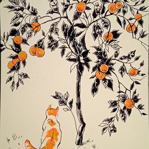 Cat Line Drawing Fruit Tree Sketch Art Original Cat Artwork Pen and Ink ...