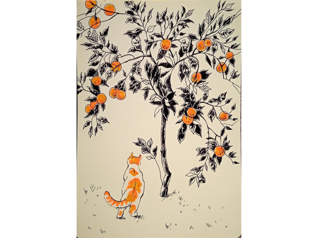 Cat Line Drawing Fruit Tree Sketch Art Original Cat Artwork Pen and Ink ...