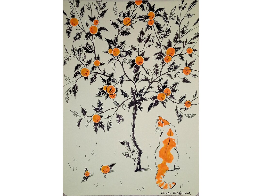 Cat Line Drawing Fruit Tree Sketch Art Original Cat Artwork Pen and Ink ...