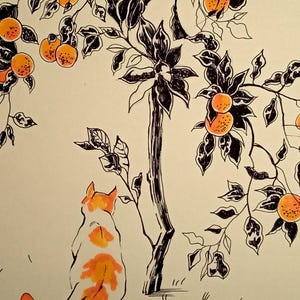 Cat Line Drawing Fruit Tree Sketch Art Original Cat Artwork Pen and Ink ...