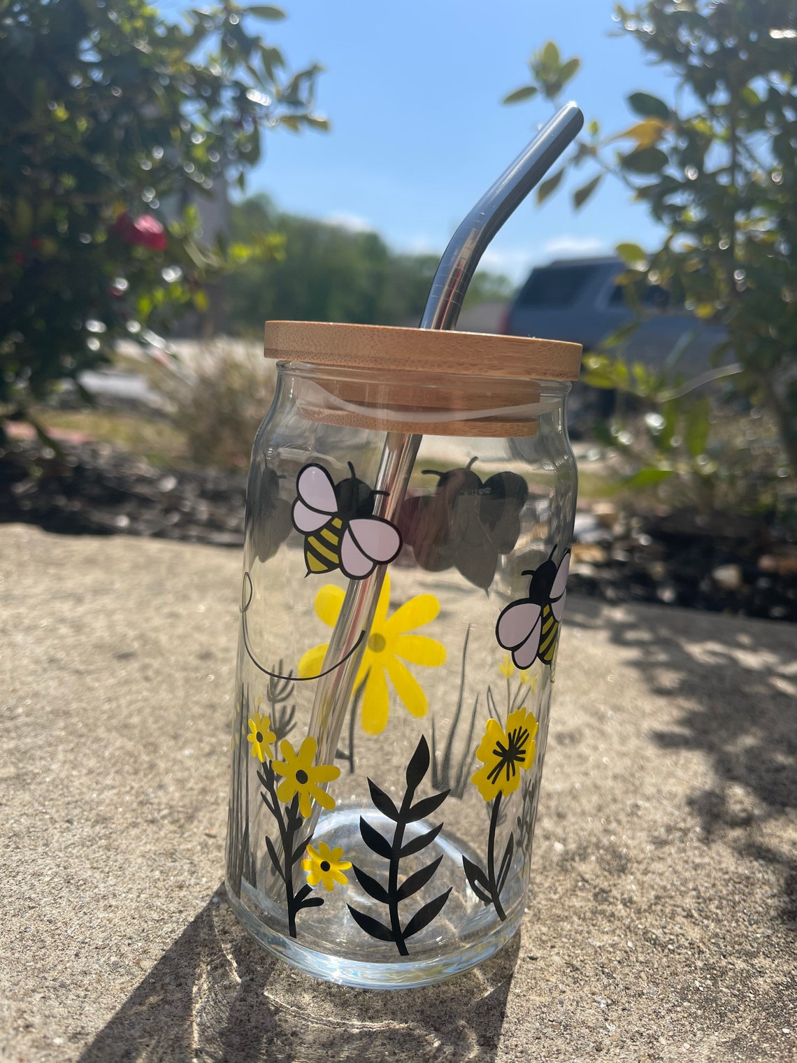 Bee Coffee Glass Coffee Glass With Lid Iced Coffee Cup - Etsy