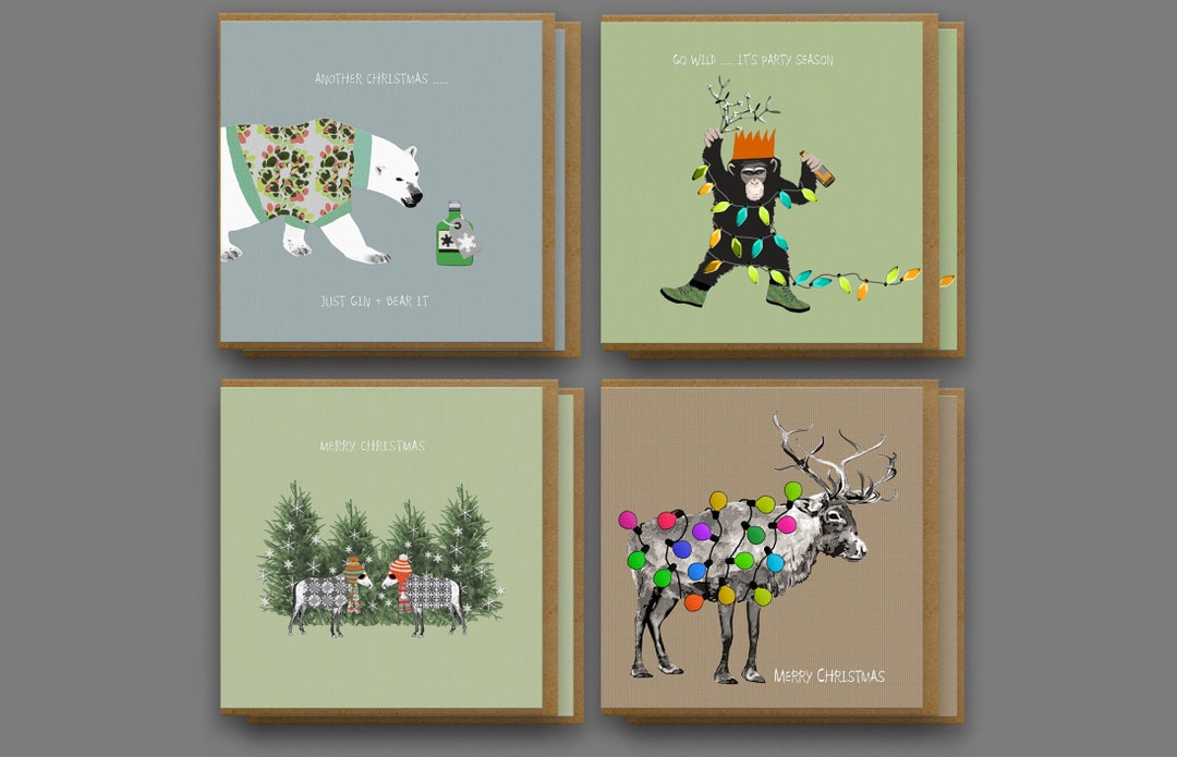 Set of 8 Fun Animal Christmas Cards Assorted Animal Christmas - Etsy