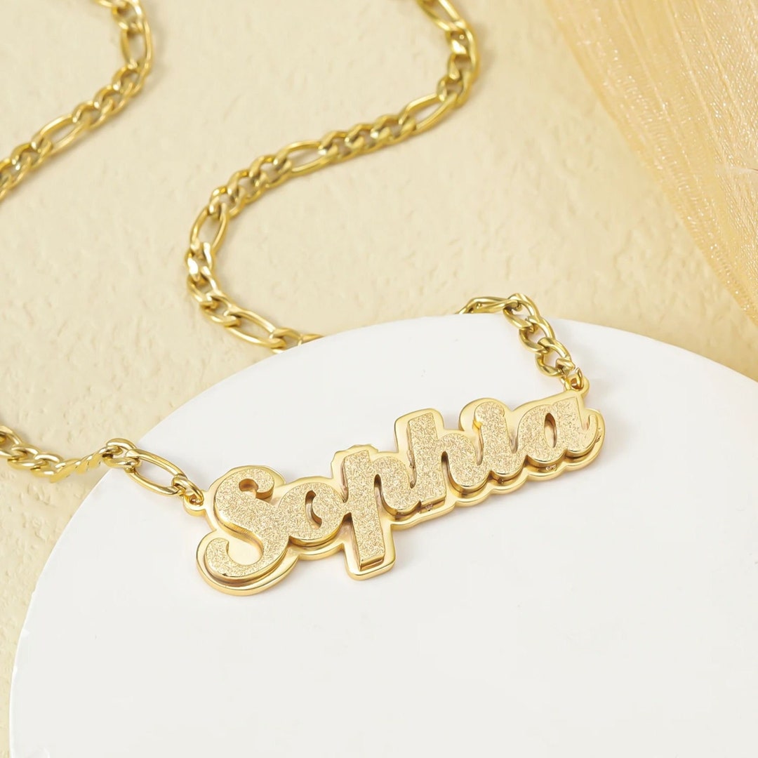 Double Plated Name Necklace, Real 14K Gold Name Plate Necklace, Big ...