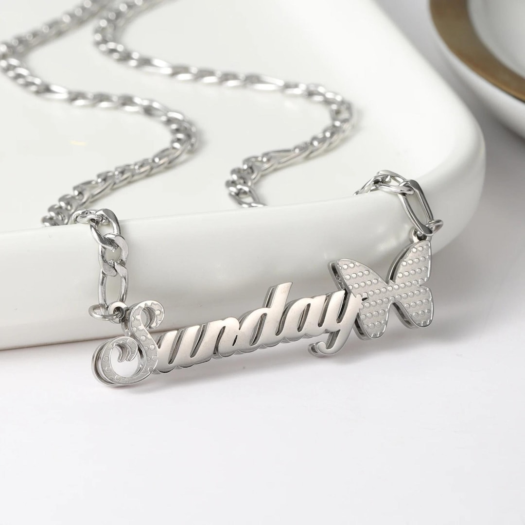 Nameplate Necklace, Silver Name Plate Necklace, Stainless Steel, Double ...