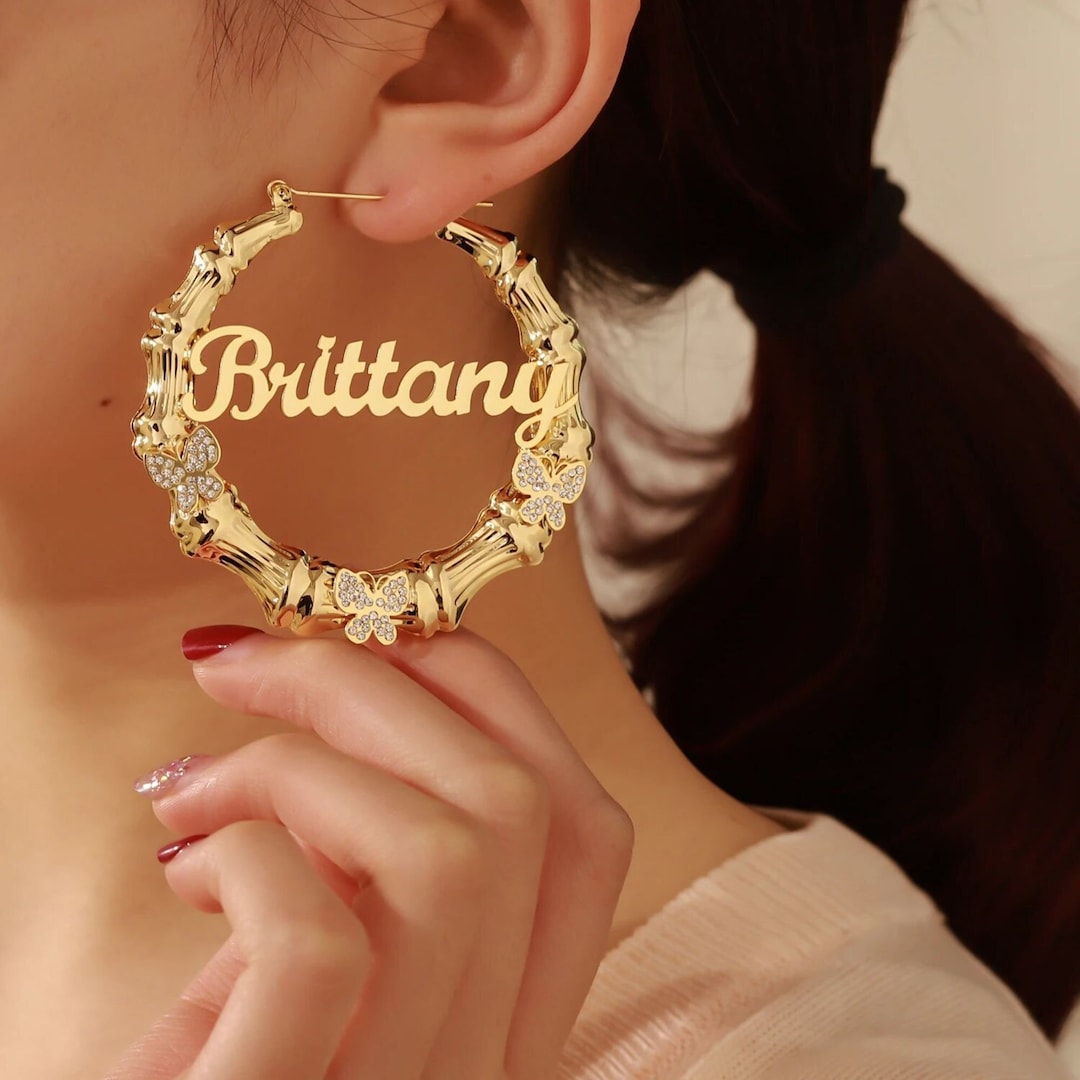 18k Gold Bamboo Name Earrings, Hoop Earring, Custom Bamboo Earring With ...