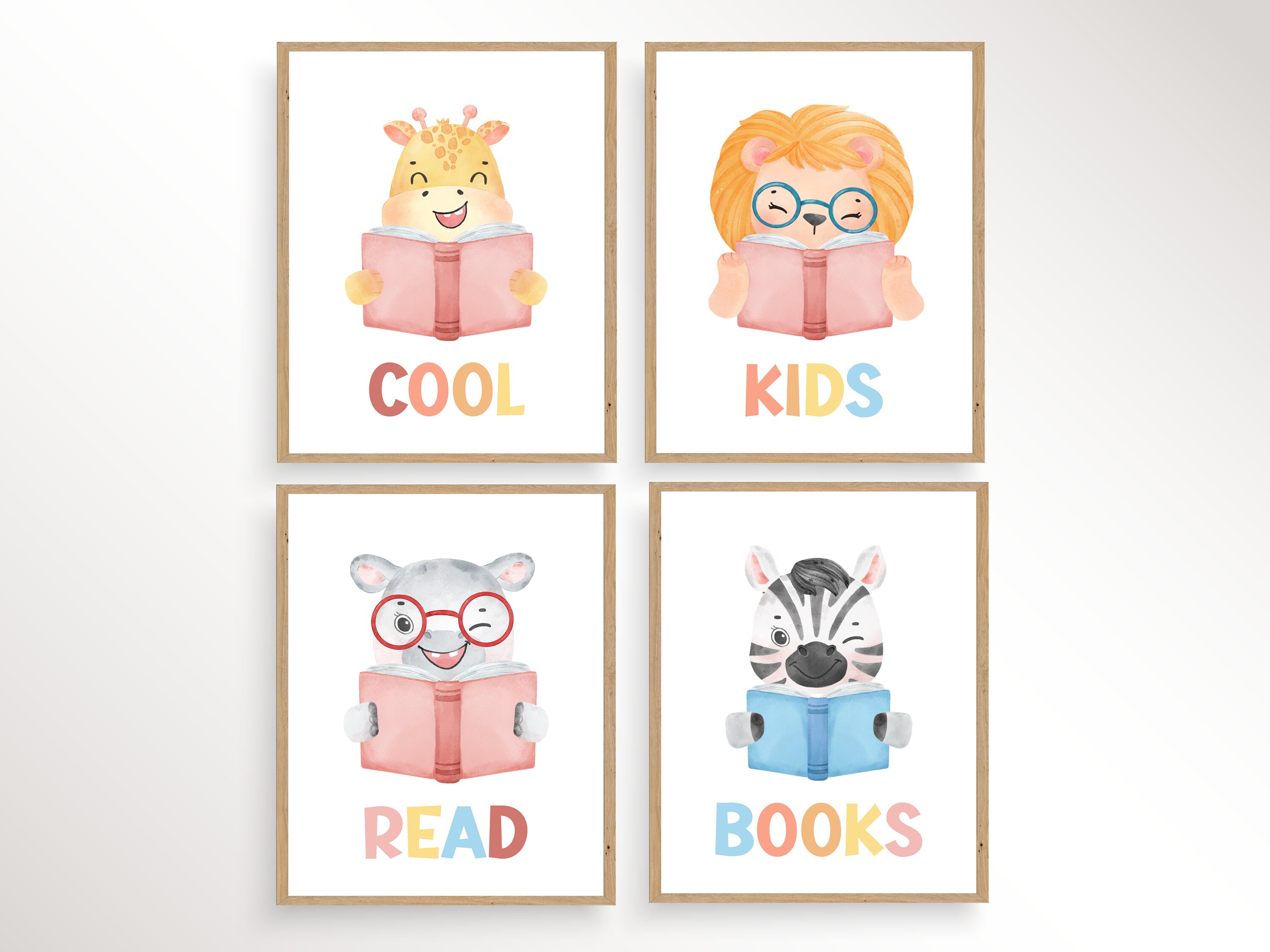 Reading Corner Poster, Playroom Reading Art, Animals Reading Books ...