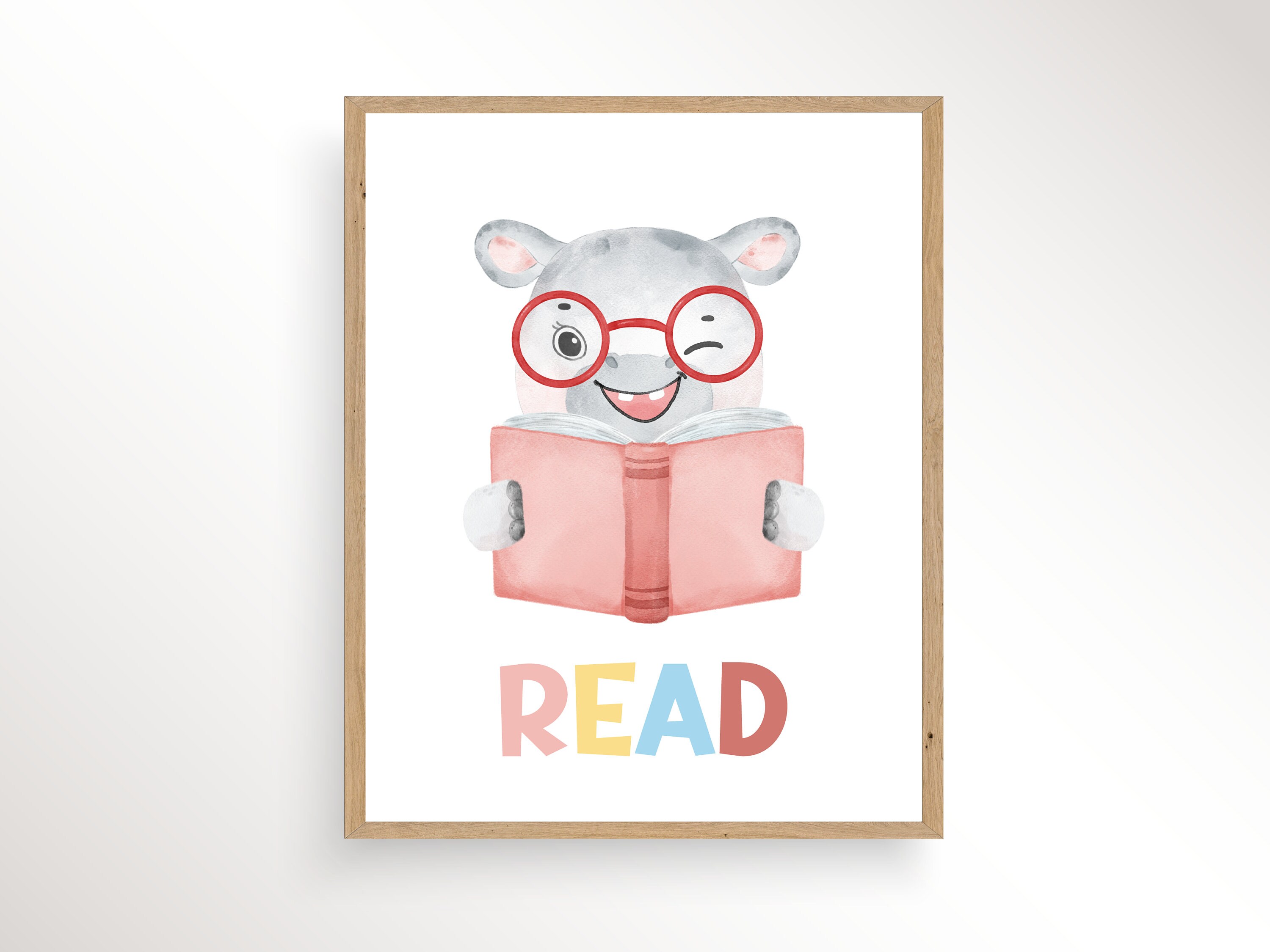 Reading Corner Poster, Playroom Reading Art, Animals Reading Books ...