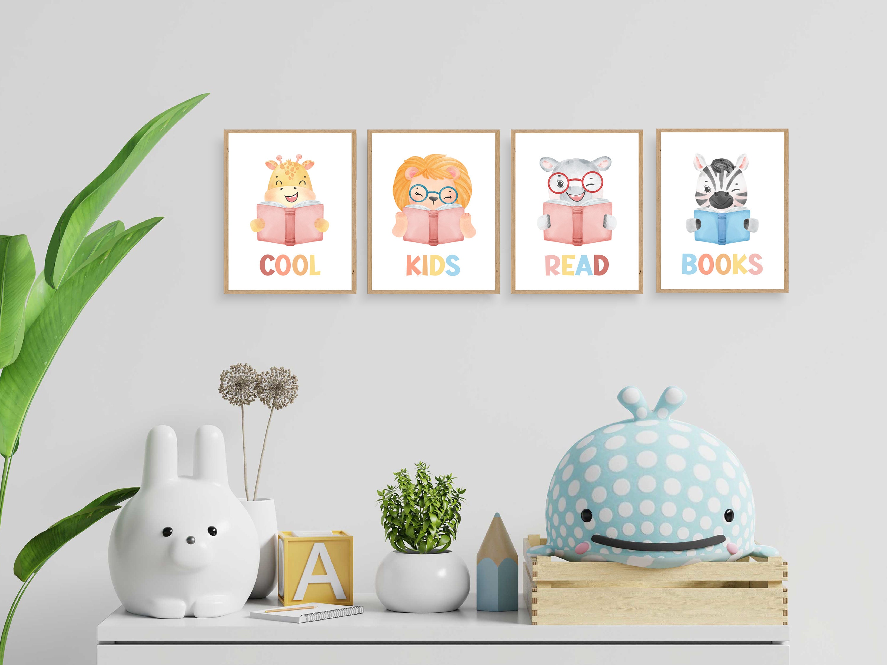 Reading Corner Poster, Playroom Reading Art, Animals Reading Books ...