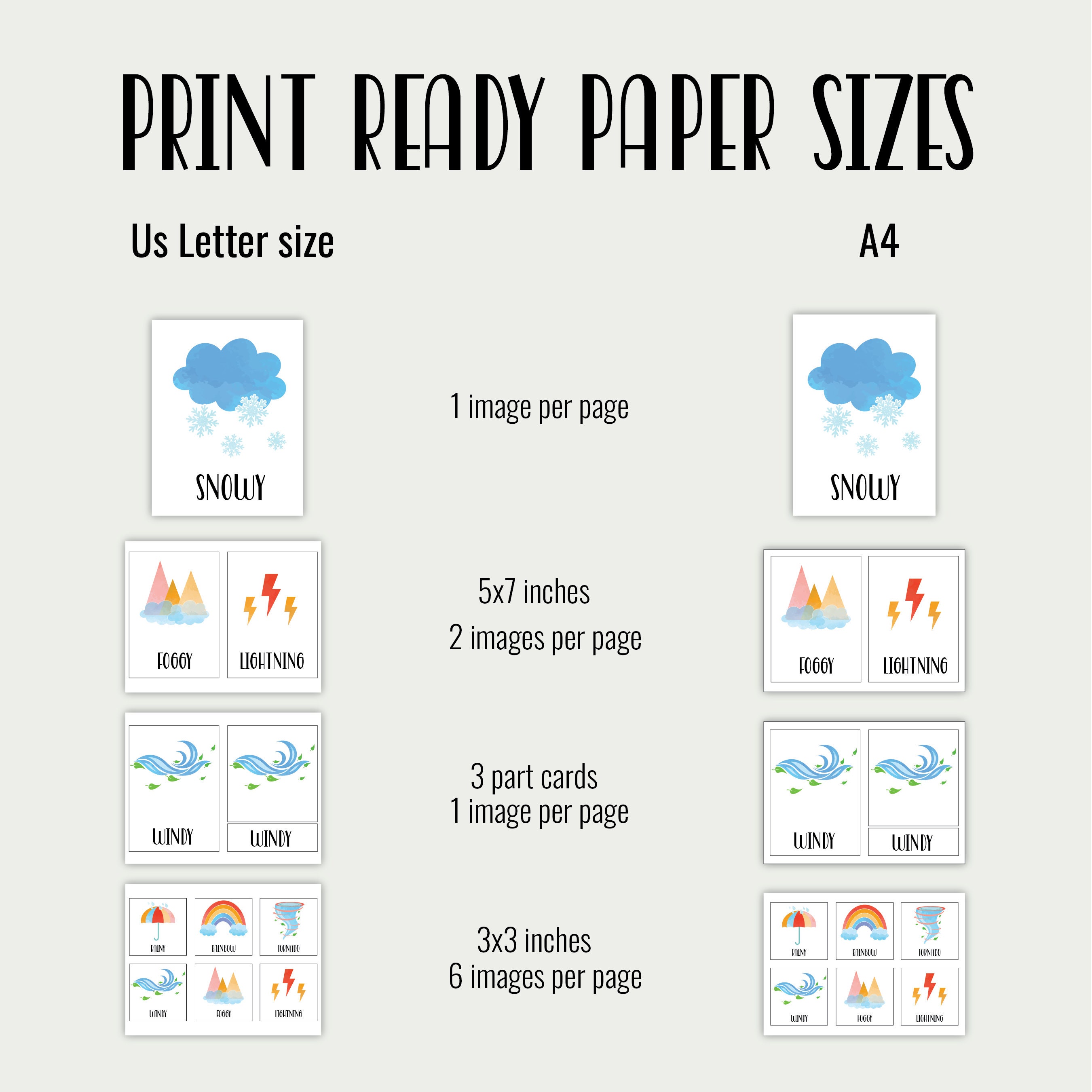 Weather Cards, Weather Flashcards Set of 16, Watercolor Weather Cards ...