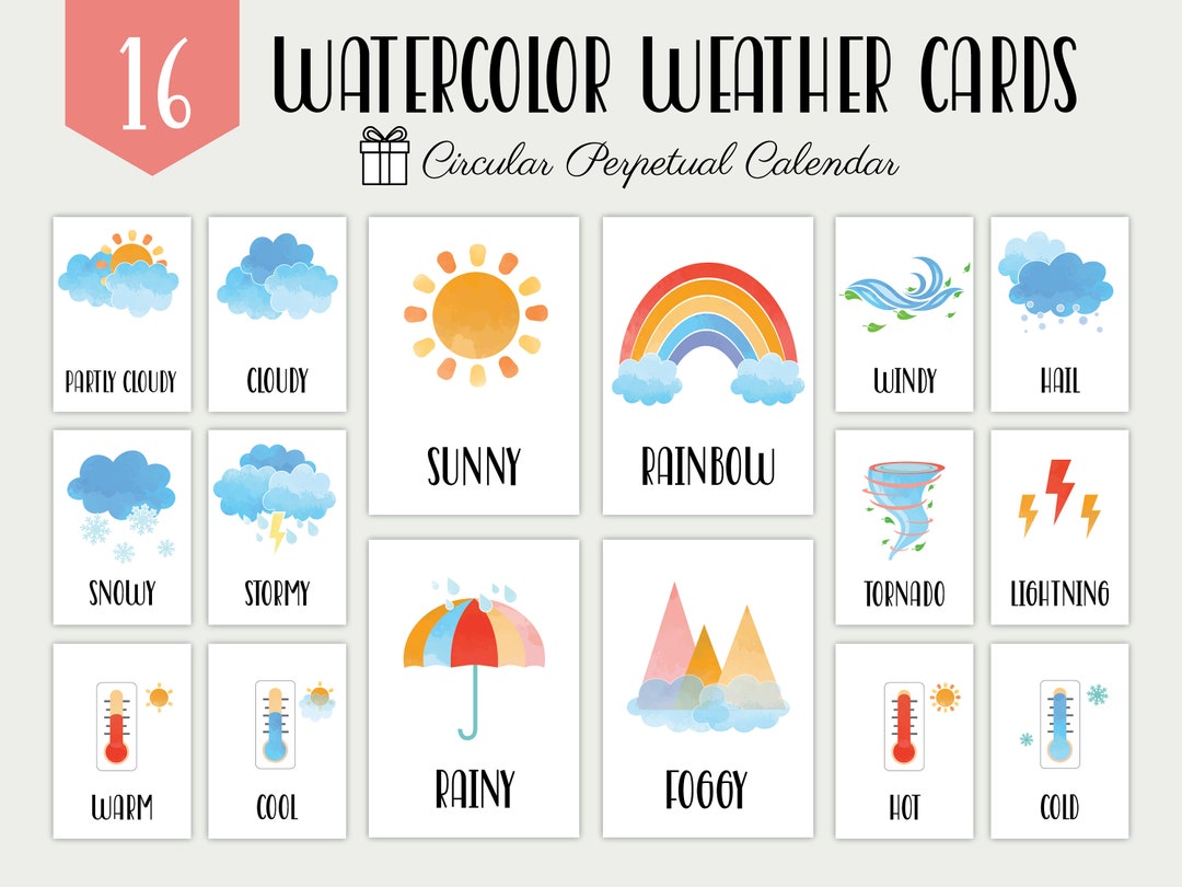 Weather Cards, Weather Flashcards Set of 16, Watercolor Weather Cards ...