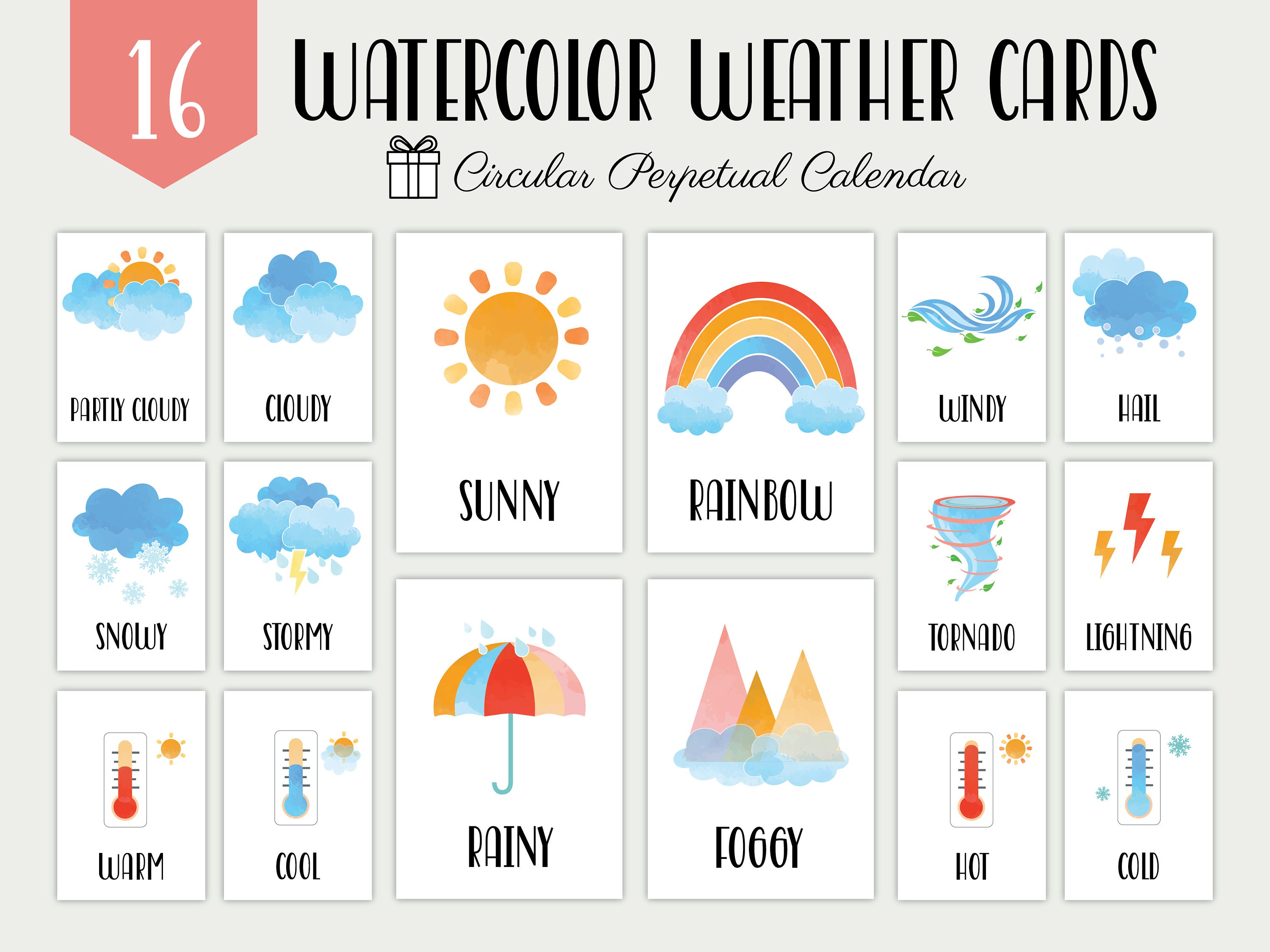 Weather Cards, Weather Flashcards Set of 16, Watercolor Weather Cards ...