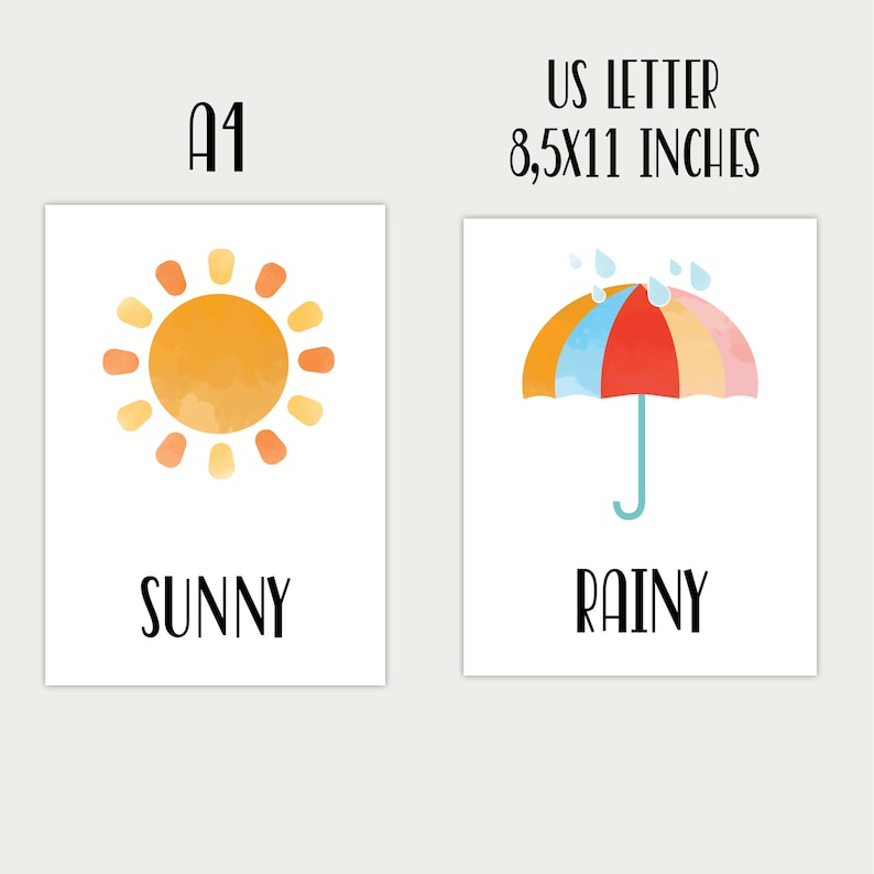 Weather Cards, Weather Flashcards Set of 16, Watercolor Weather Cards ...