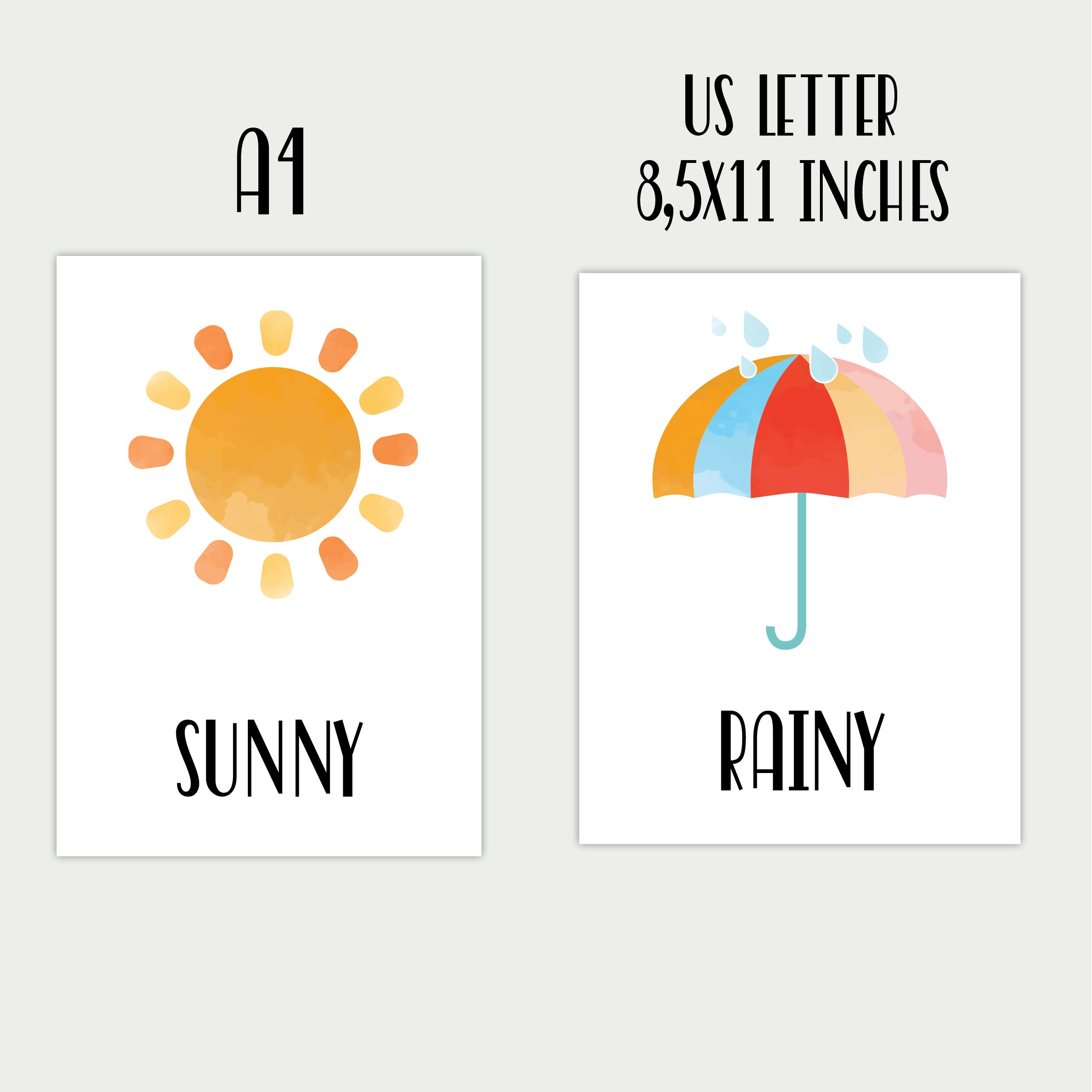 Weather Cards, Weather Flashcards Set of 16, Watercolor Weather Cards ...