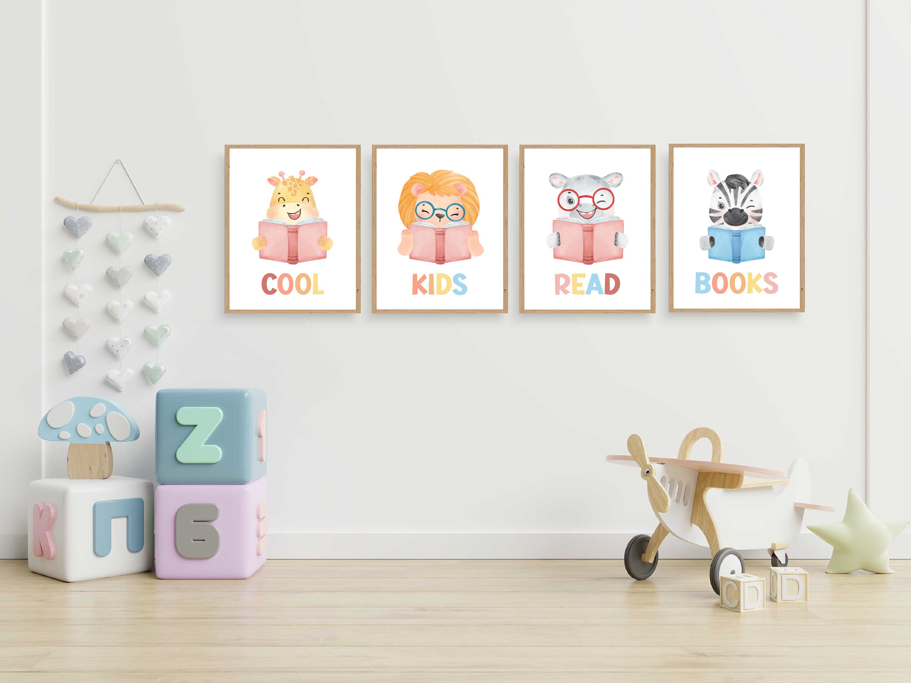 Reading Corner Poster, Playroom Reading Art, Animals Reading Books ...