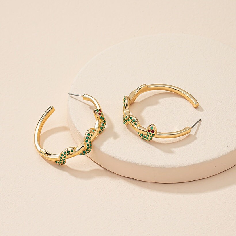 Gold Plated Green Diamond Snake Hoop Earrings Women's - Etsy