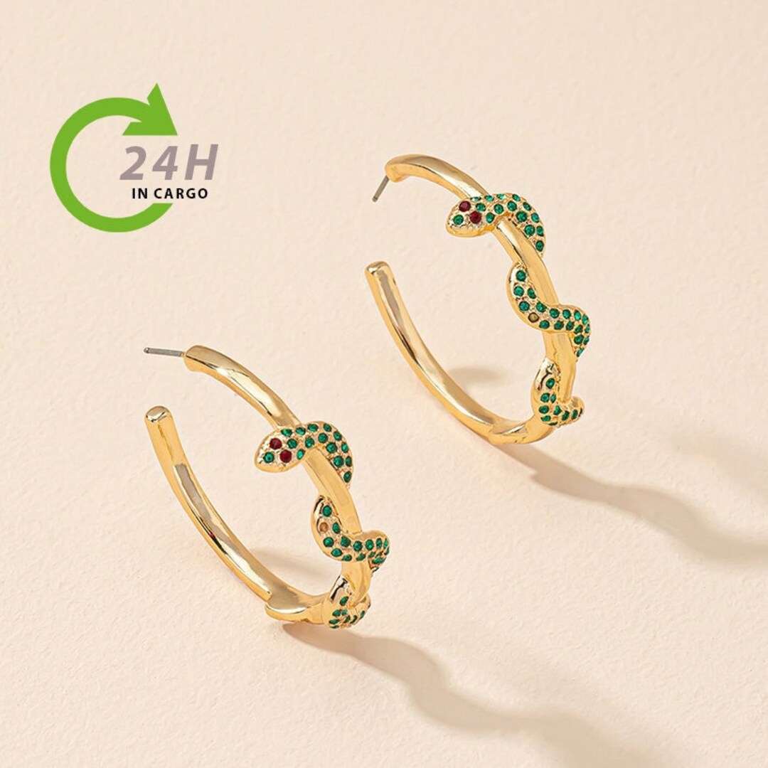Gold Plated Green Diamond Snake Hoop Earrings Women's - Etsy