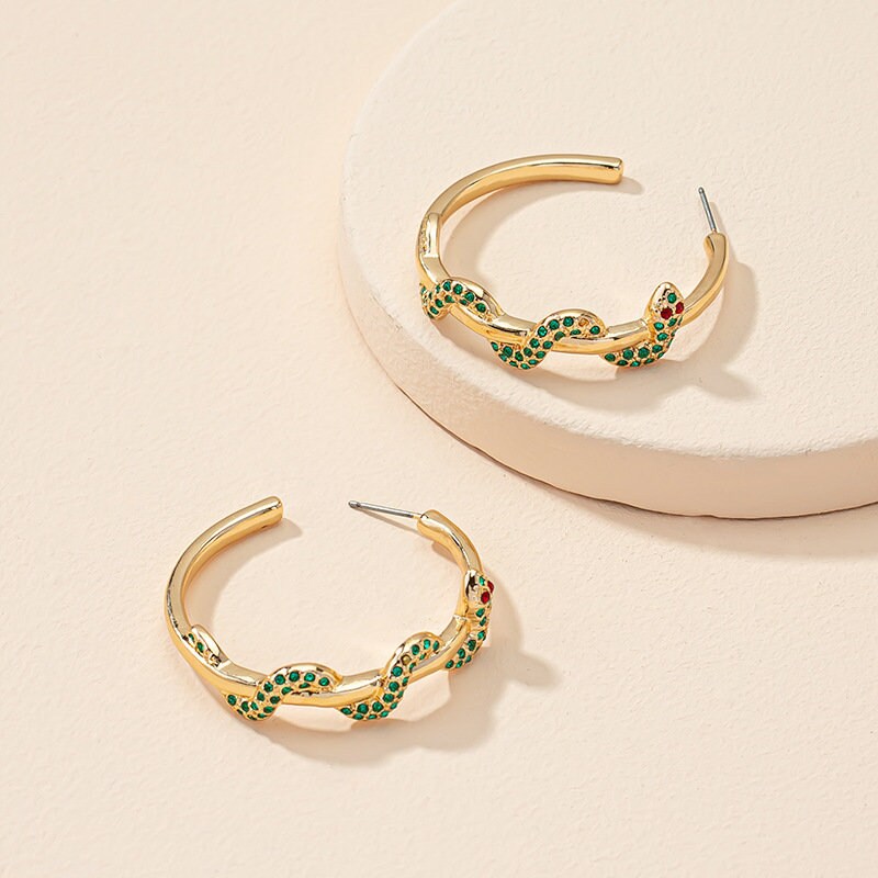 Gold Plated Green Diamond Snake Hoop Earrings Women's - Etsy