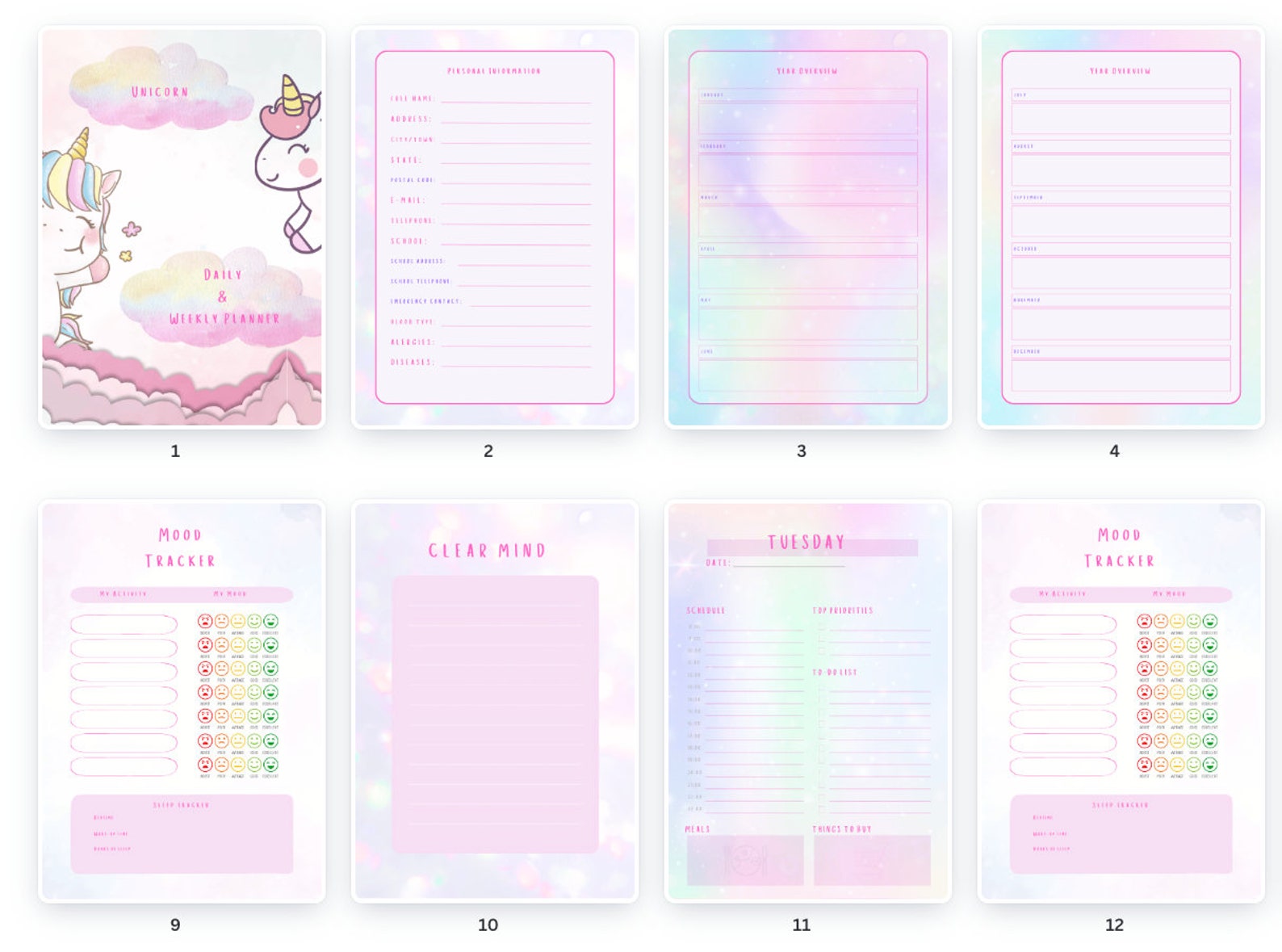 Unicorn Weekly & Monthly Planner Printable | Cute Magical Organizer ...