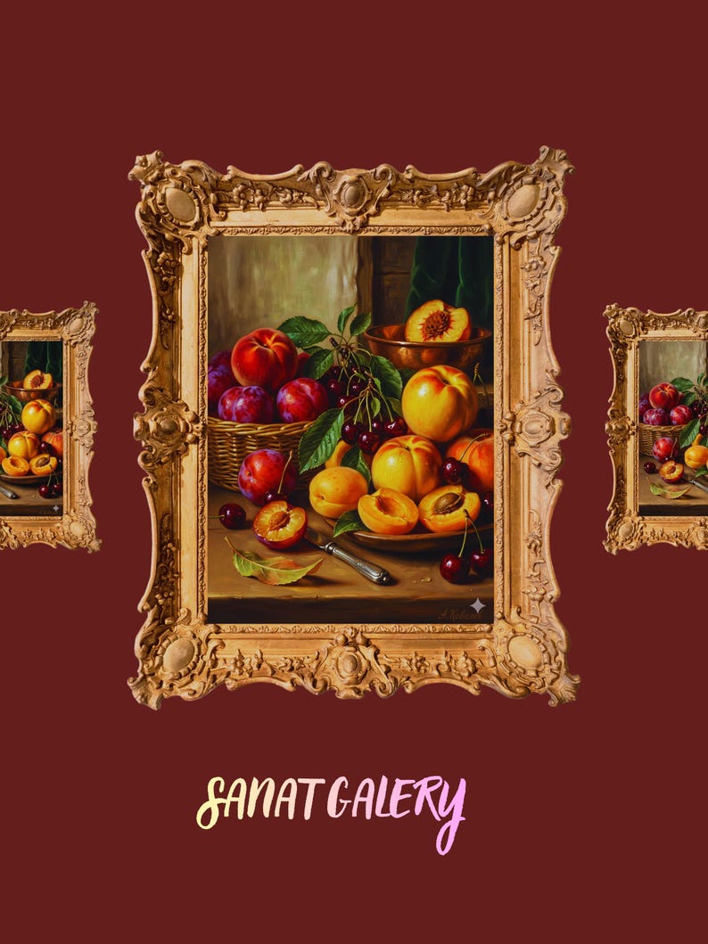 Still Life Fruit Oil Painting, Peach Plum Cherry Print, Moody Kitchen ...