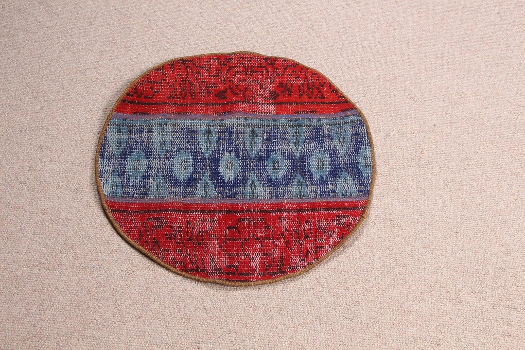 Round Turkish Rug, Small Rug, Vintage Oushak, Car Mat, 2x2 Ft Red and ...