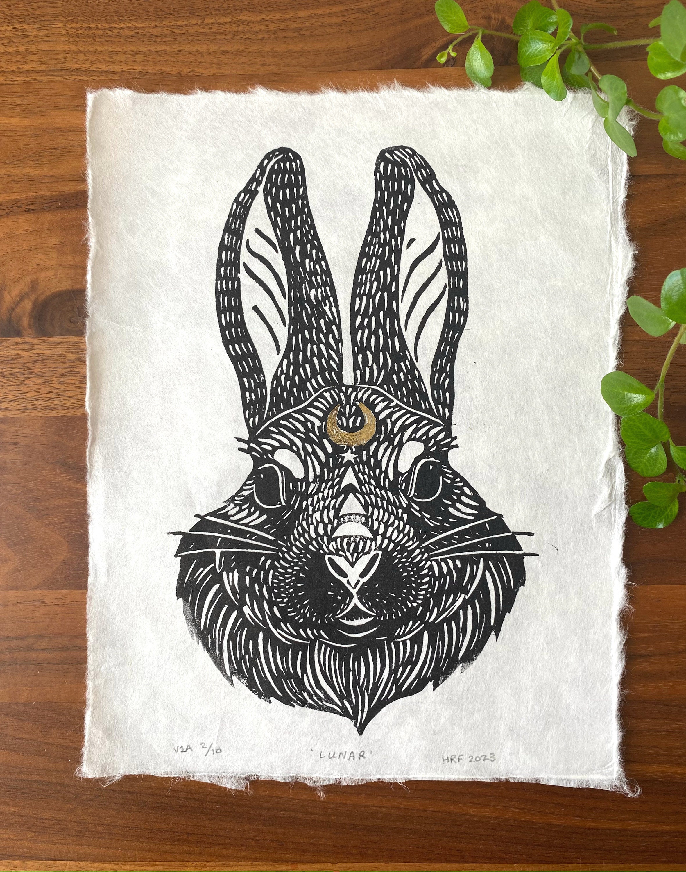 Rabbit Linocut Original Animal Lino Print, Bunny Moon Illustration Wall ...