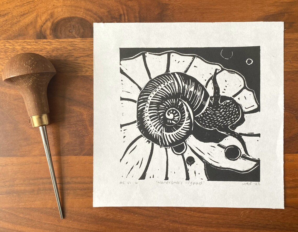 Water Snail Lino Print Original Linocut Art, Water Lily Pad Decor, - Etsy